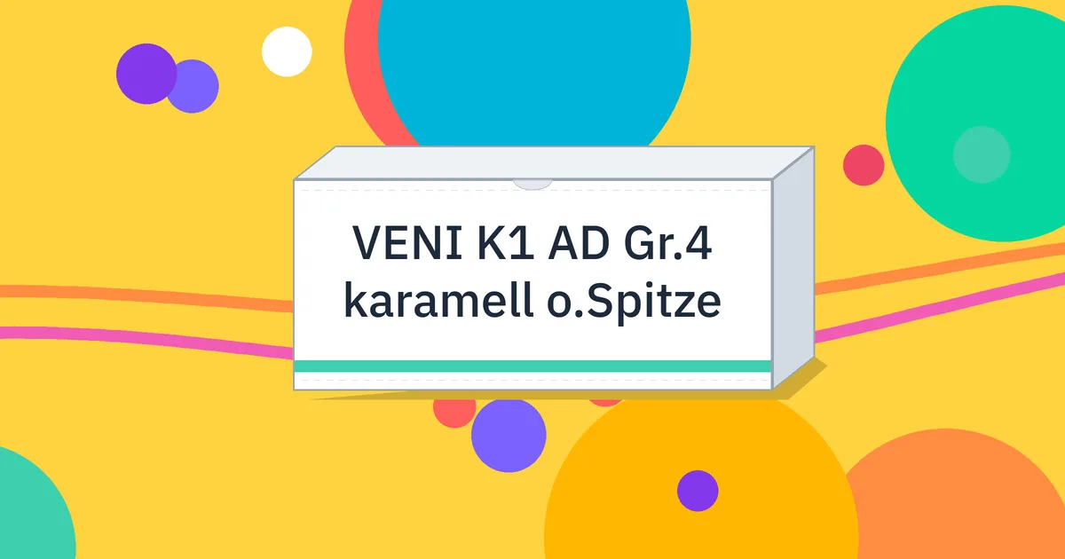 Symbolbild: Packung mit der Aufschrift VENI K1 AD Gr.4 karamell o.Spitze (PZN 13756136) – Verfügbarkeit und Bezug in Apotheken in Frankfurt am Main