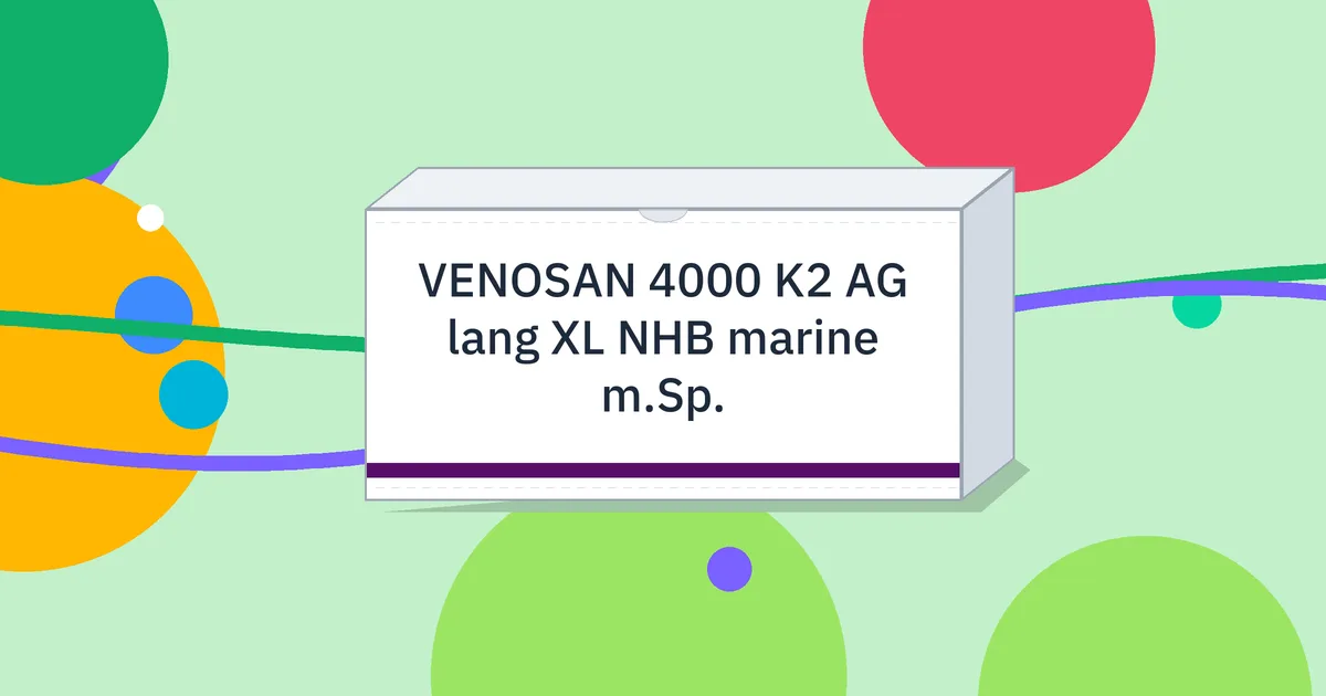 Symbolbild: Packung mit der Aufschrift VENOSAN 4000 K2 AG lang XL NHB marine m.Sp. (PZN 16602296) – Verfügbarkeit und Bezug in Apotheken in Frankfurt am Main