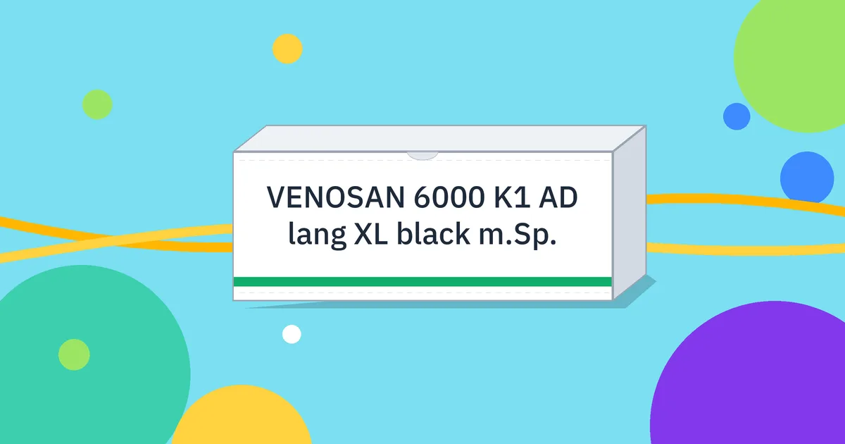 Symbolbild: Packung mit der Aufschrift VENOSAN 6000 K1 AD lang XL black m.Sp. (PZN 17171355) – Verfügbarkeit und Bezug in Apotheken in Frankfurt am Main