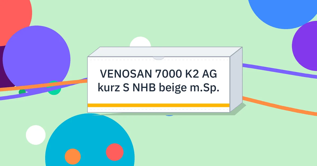 Symbolbild: Packung mit der Aufschrift VENOSAN 7000 K2 AG kurz S NHB beige m.Sp. (PZN 14434854) – Verfügbarkeit und Bezug in Apotheken in Frankfurt am Main