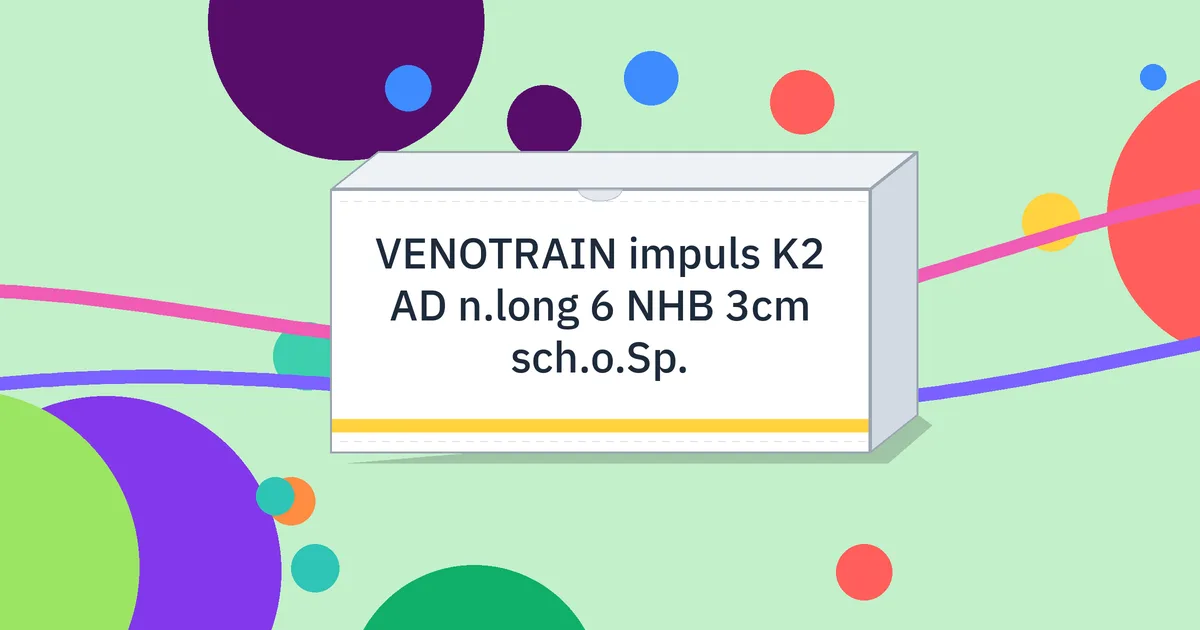 Symbolbild: Packung mit der Aufschrift VENOTRAIN impuls K2 AD n.long 6 NHB 3cm sch.o.Sp. (PZN 00653096) – Verfügbarkeit und Bezug in Apotheken in Frankfurt am Main