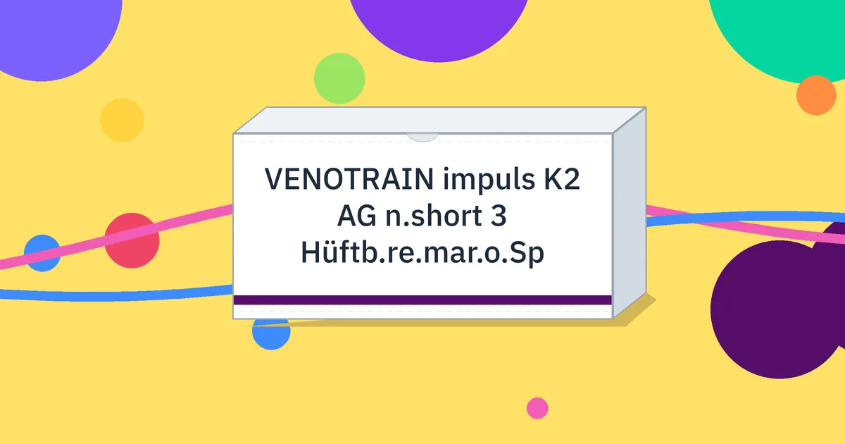 Symbolbild: Packung mit der Aufschrift VENOTRAIN impuls K2 AG n.short 3 Hüftb.re.mar.o.Sp (PZN 15216680) – Verfügbarkeit und Bezug in Apotheken in Frankfurt am Main