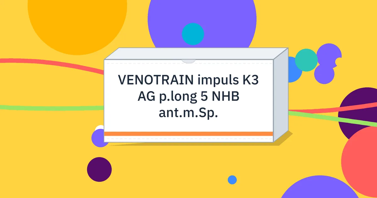 Symbolbild: Packung mit der Aufschrift VENOTRAIN impuls K3 AG p.long 5 NHB ant.m.Sp. (PZN 15216071) – Verfügbarkeit und Bezug in Apotheken in Frankfurt am Main