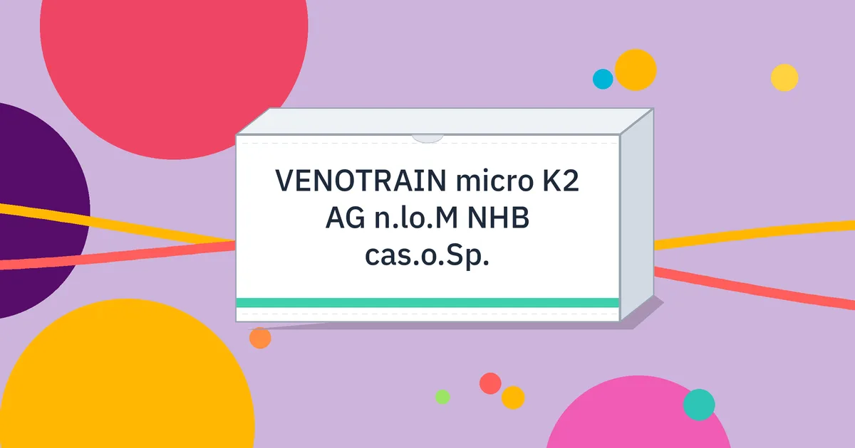 Symbolbild: Packung mit der Aufschrift VENOTRAIN micro K2 AG n.lo.M NHB cas.o.Sp. (PZN 20761037) – Verfügbarkeit und Bezug in Apotheken in Frankfurt am Main