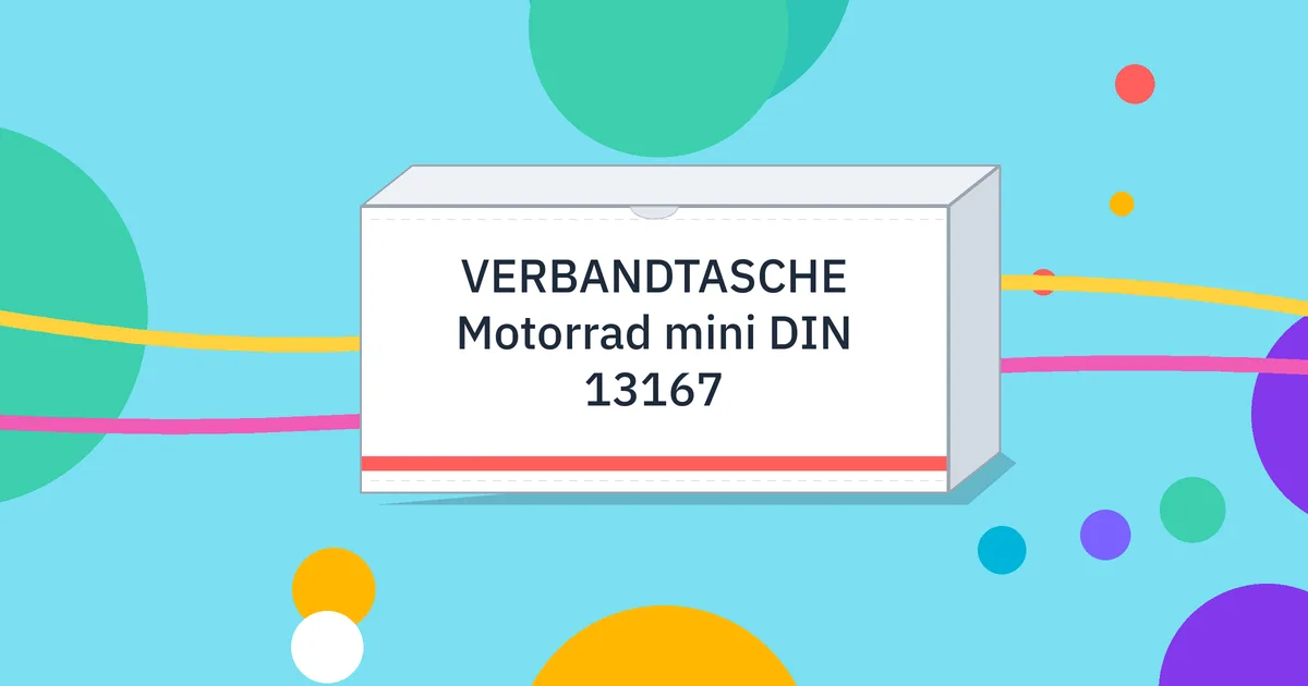 Symbolbild: Packung mit der Aufschrift VERBANDTASCHE Motorrad mini DIN 13167 (PZN 07590016) – Verfügbarkeit und Bezug in Apotheken in Frankfurt am Main