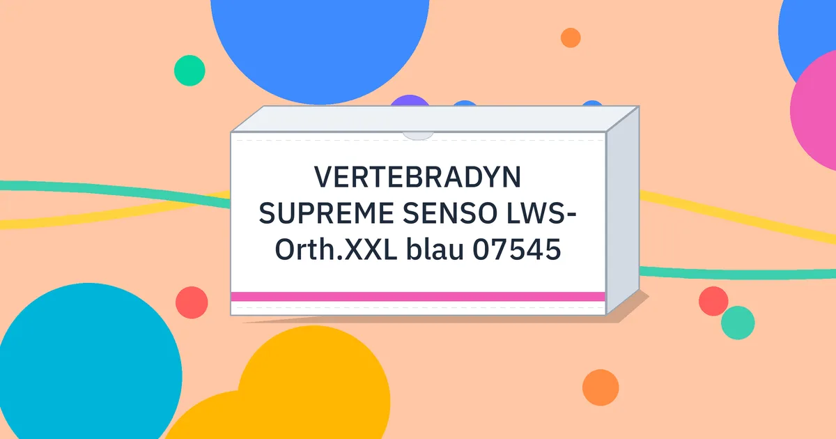 Symbolbild: Packung mit der Aufschrift VERTEBRADYN SUPREME SENSO LWS-Orth.XXL blau 07545 (PZN 16931189) – Verfügbarkeit und Bezug in Apotheken in Frankfurt am Main