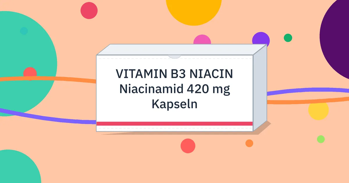 Symbolbild: Packung mit der Aufschrift VITAMIN B3 NIACIN Niacinamid 420 mg Kapseln (PZN 18216864) – Verfügbarkeit und Bezug in Apotheken in Frankfurt am Main
