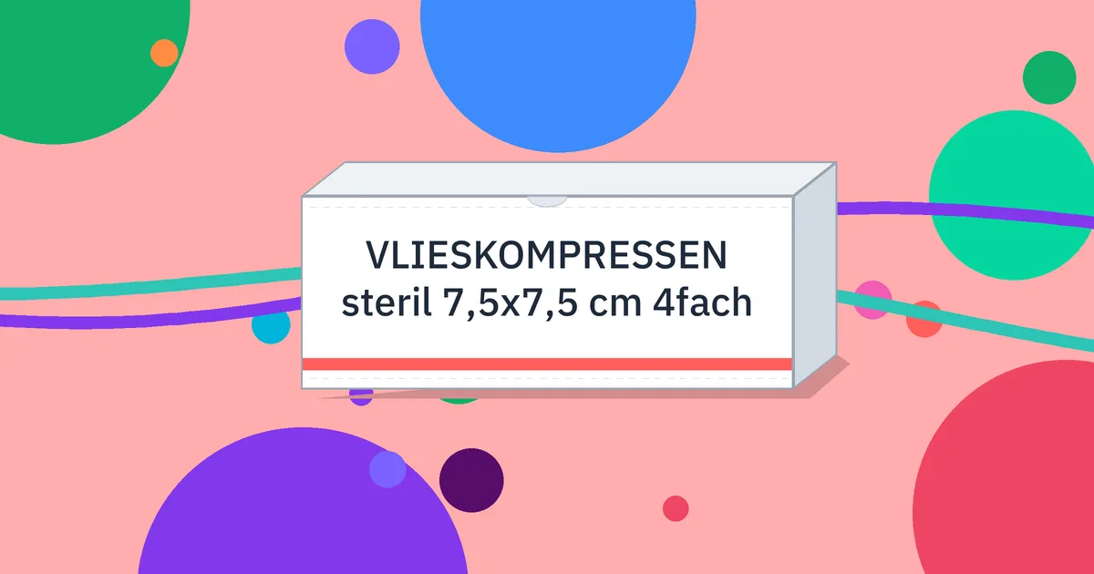 Symbolbild: Packung mit der Aufschrift VLIESKOMPRESSEN steril 7,5x7,5 cm 4fach (PZN 18021020) – Verfügbarkeit und Bezug in Apotheken in Frankfurt am Main