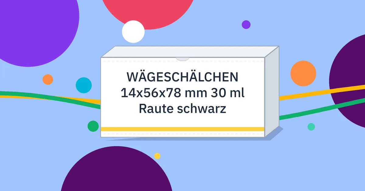 Symbolbild: Packung mit der Aufschrift WÄGESCHÄLCHEN 14x56x78 mm 30 ml Raute schwarz (PZN 18770750) – Verfügbarkeit und Bezug in Apotheken in Frankfurt am Main