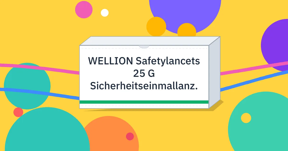 Symbolbild: Packung mit der Aufschrift WELLION Safetylancets 25 G Sicherheitseinmallanz. (PZN 13059153) – Verfügbarkeit und Bezug in Apotheken in Frankfurt am Main