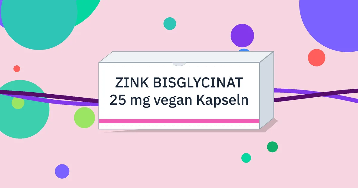 Symbolbild: Packung mit der Aufschrift ZINK BISGLYCINAT 25 mg vegan Kapseln (PZN 13893784) – Verfügbarkeit und Bezug in Apotheken in Frankfurt am Main