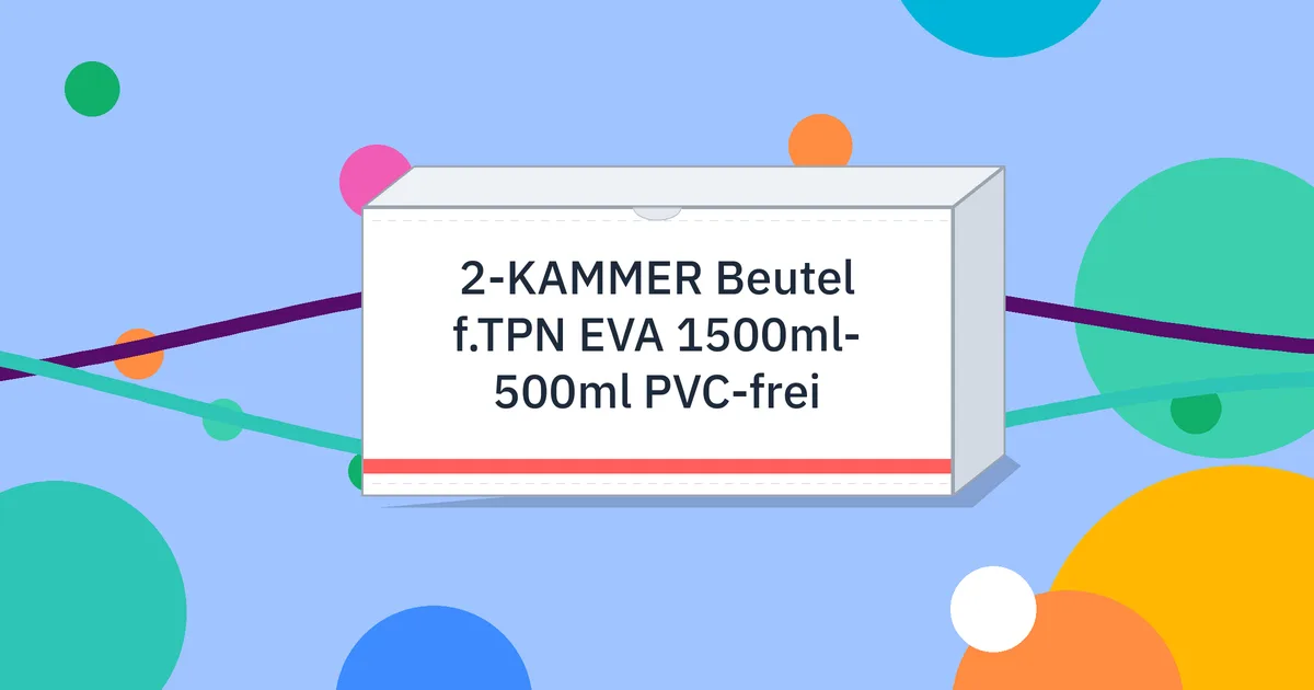 Symbolbild: Packung mit der Aufschrift 2-KAMMER Beutel f.TPN EVA 1500ml-500ml PVC-frei (PZN 19503666) – Verfügbarkeit und Bezug in Apotheken in Frankfurt am Main