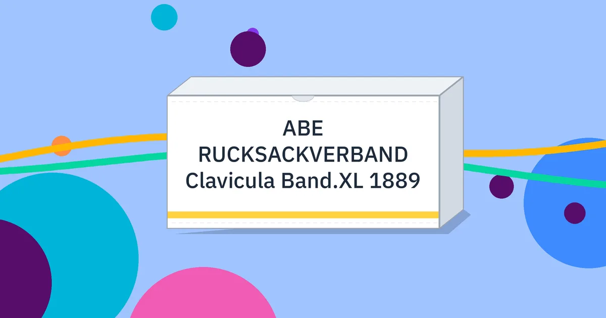Symbolbild: Packung mit der Aufschrift ABE RUCKSACKVERBAND Clavicula Band.XL 1889 (PZN 01363443) – Verfügbarkeit und Bezug in Apotheken in Frankfurt am Main
