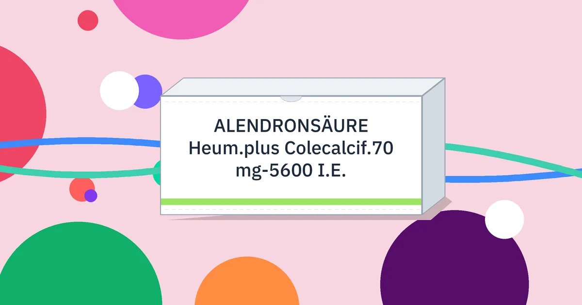 Symbolbild: Packung mit der Aufschrift ALENDRONSÄURE Heum.plus Colecalcif.70 mg-5600 I.E. (PZN 11580495) – Verfügbarkeit und Bezug in Apotheken in Frankfurt am Main