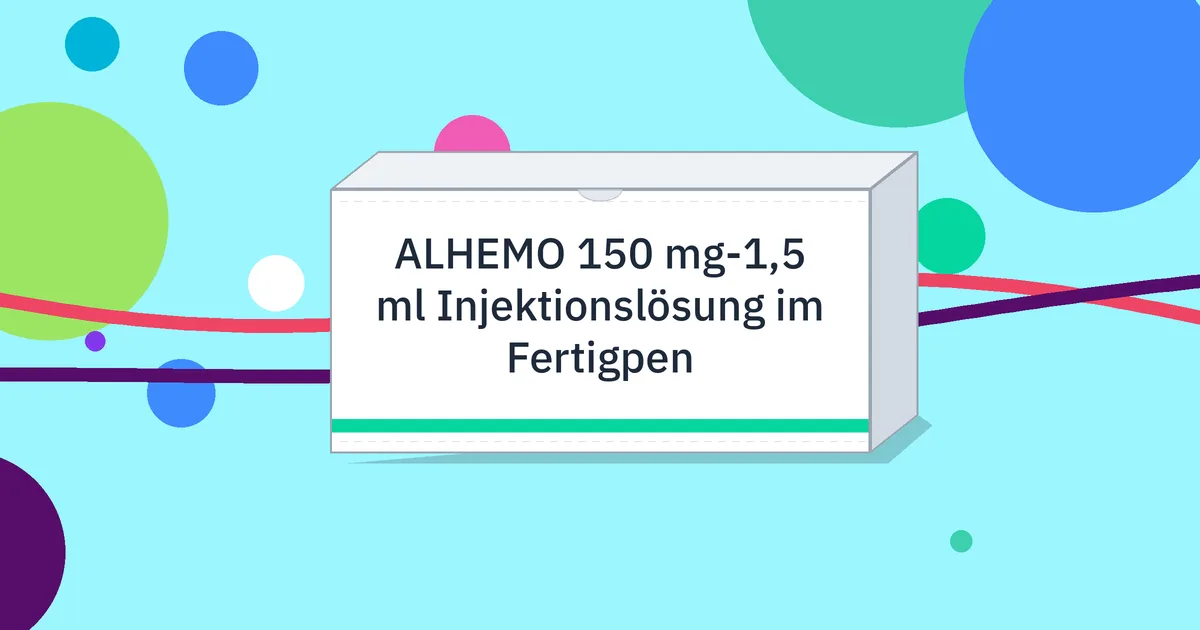Symbolbild: Packung mit der Aufschrift ALHEMO 150 mg-1,5 ml Injektionslösung im Fertigpen (PZN 19168216) – Verfügbarkeit und Bezug in Apotheken in Frankfurt am Main