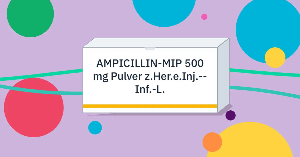 Symbolbild: Packung mit der Aufschrift AMPICILLIN-MIP 500 mg Pulver z.Her.e.Inj.--Inf.-L. (PZN 19266309) – Verfügbarkeit und Bezug in Apotheken in Frankfurt am Main