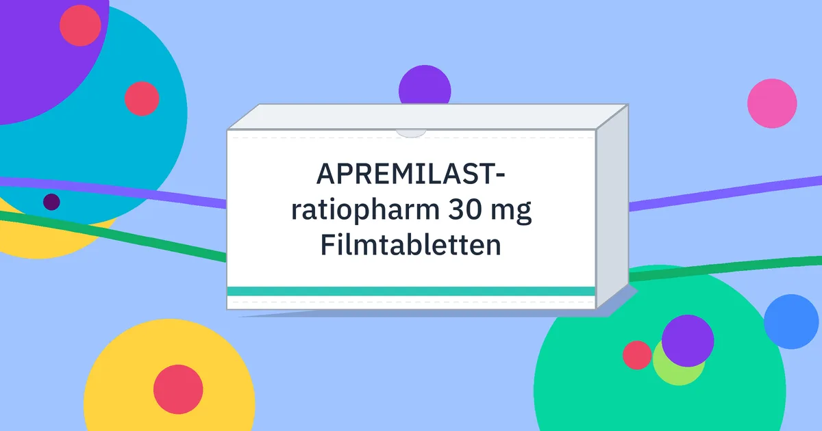 Symbolbild: Packung mit der Aufschrift APREMILAST-ratiopharm 30 mg Filmtabletten (PZN 19059295) – Verfügbarkeit und Bezug in Apotheken in Frankfurt am Main