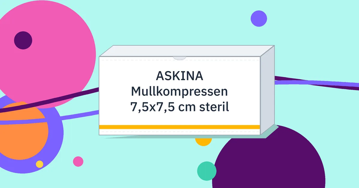Symbolbild: Packung mit der Aufschrift ASKINA Mullkompressen 7,5x7,5 cm steril (PZN 00696823) – Verfügbarkeit und Bezug in Apotheken in Frankfurt am Main