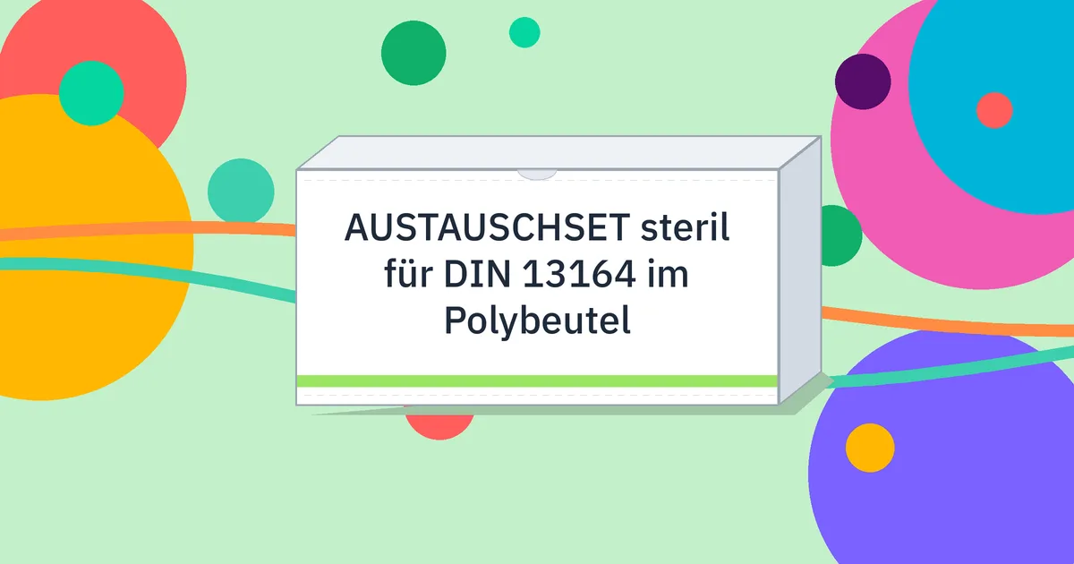 Symbolbild: Packung mit der Aufschrift AUSTAUSCHSET steril für DIN 13164 im Polybeutel (PZN 12491687) – Verfügbarkeit und Bezug in Apotheken in Frankfurt am Main
