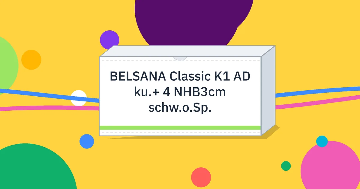 Symbolbild: Packung mit der Aufschrift BELSANA Classic K1 AD ku.+ 4 NHB3cm schw.o.Sp. (PZN 19255895) – Verfügbarkeit und Bezug in Apotheken in Frankfurt am Main