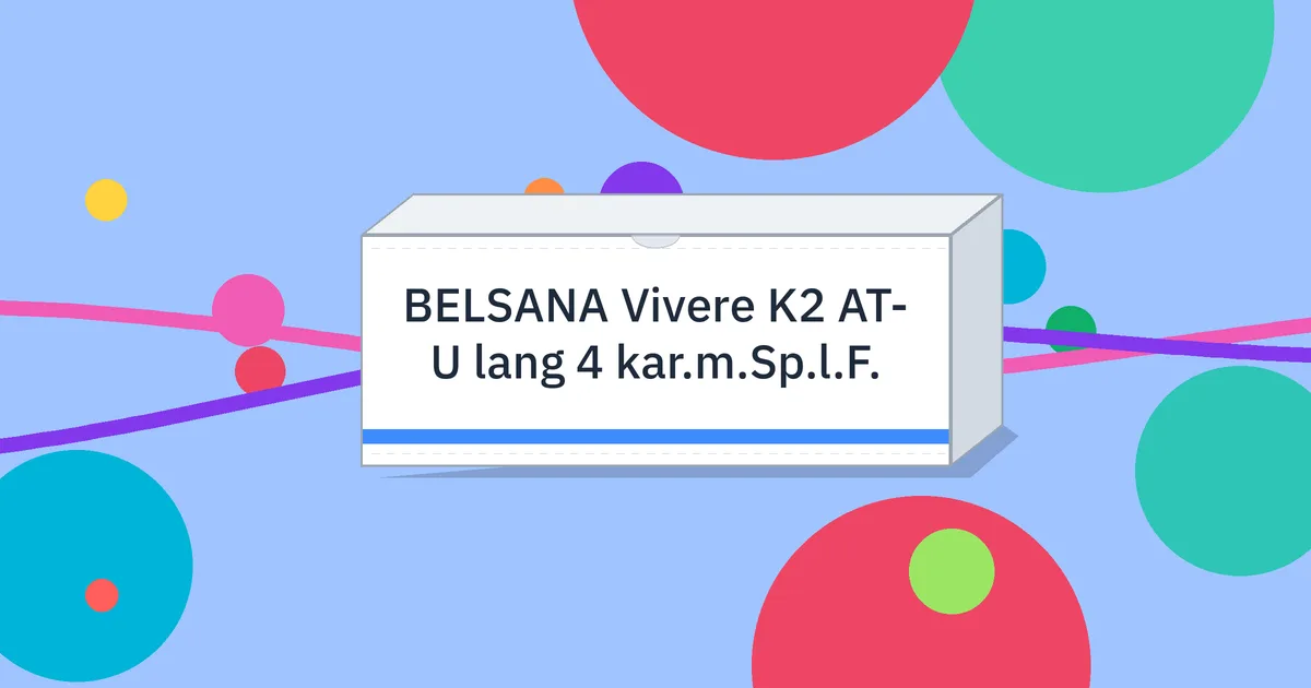 Symbolbild: Packung mit der Aufschrift BELSANA Vivere K2 AT-U lang 4 kar.m.Sp.l.F. (PZN 08539112) – Verfügbarkeit und Bezug in Apotheken in Frankfurt am Main