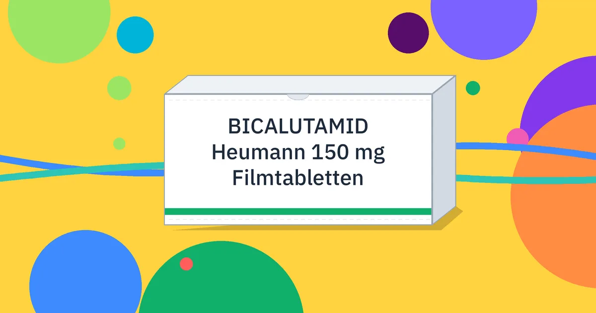 Symbolbild: Packung mit der Aufschrift BICALUTAMID Heumann 150 mg Filmtabletten (PZN 01882574) – Verfügbarkeit und Bezug in Apotheken in Frankfurt am Main