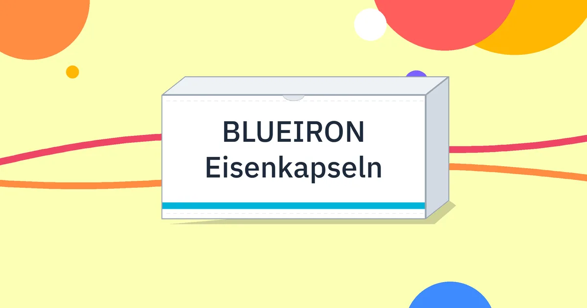 Symbolbild: Packung mit der Aufschrift BLUEIRON Eisenkapseln (PZN 19834280) – Verfügbarkeit und Bezug in Apotheken in Frankfurt am Main