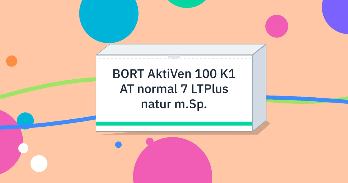 Symbolbild: Packung mit der Aufschrift BORT AktiVen 100 K1 AT normal 7 LTPlus natur m.Sp. (PZN 18175579) – Verfügbarkeit und Bezug in Apotheken in Frankfurt am Main