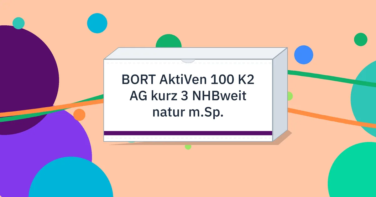 Symbolbild: Packung mit der Aufschrift BORT AktiVen 100 K2 AG kurz 3 NHBweit natur m.Sp. (PZN 13730645) – Verfügbarkeit und Bezug in Apotheken in Frankfurt am Main