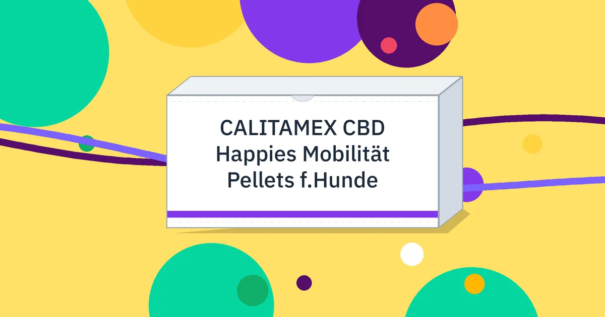 Symbolbild: Packung mit der Aufschrift CALITAMEX CBD Happies Mobilität Pellets f.Hunde (PZN 19649163) – Verfügbarkeit und Bezug in Apotheken in Frankfurt am Main