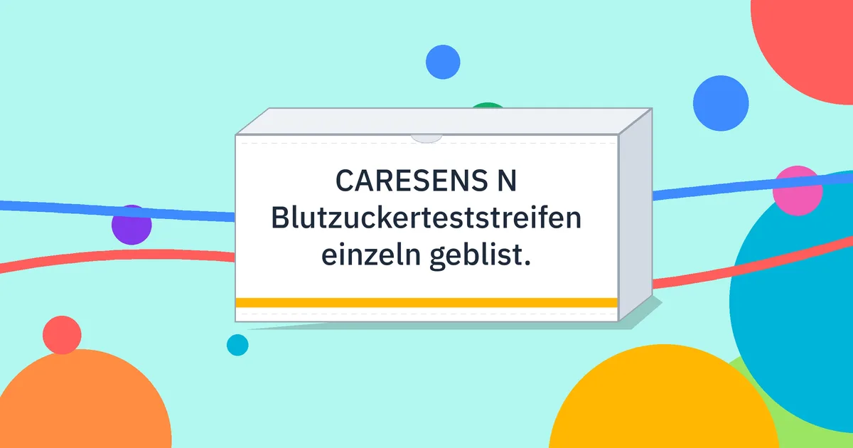 Symbolbild: Packung mit der Aufschrift CARESENS N Blutzuckerteststreifen einzeln geblist. (PZN 18365133) – Verfügbarkeit und Bezug in Apotheken in Frankfurt am Main