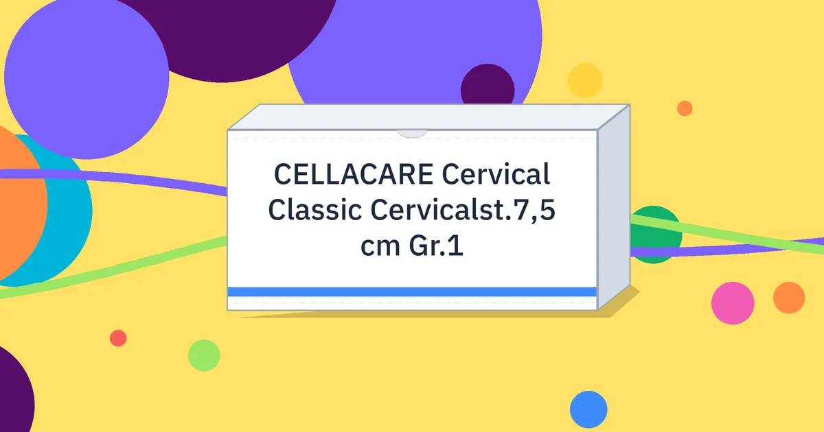 Symbolbild: Packung mit der Aufschrift CELLACARE Cervical Classic Cervicalst.7,5 cm Gr.1 (PZN 11124969) – Verfügbarkeit und Bezug in Apotheken in Frankfurt am Main