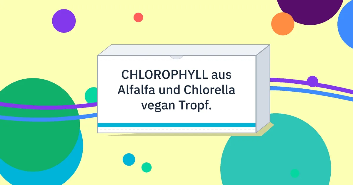Symbolbild: Packung mit der Aufschrift CHLOROPHYLL aus Alfalfa und Chlorella vegan Tropf. (PZN 19809974) – Verfügbarkeit und Bezug in Apotheken in Frankfurt am Main