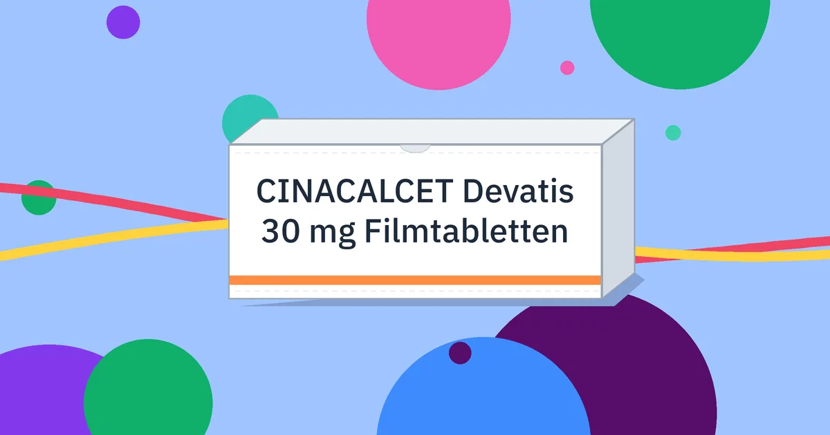 Symbolbild: Packung mit der Aufschrift CINACALCET Devatis 30 mg Filmtabletten (PZN 15572021) – Verfügbarkeit und Bezug in Apotheken in Frankfurt am Main