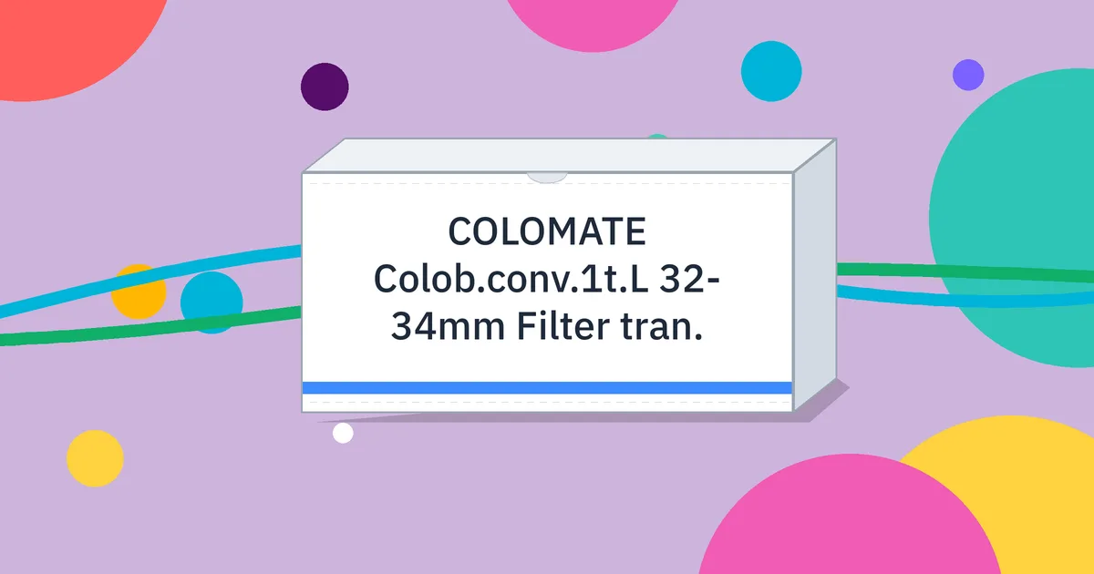 Symbolbild: Packung mit der Aufschrift COLOMATE Colob.conv.1t.L 32-34mm Filter tran. (PZN 09713397) – Verfügbarkeit und Bezug in Apotheken in Frankfurt am Main
