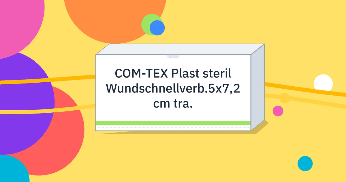 Symbolbild: Packung mit der Aufschrift COM-TEX Plast steril Wundschnellverb.5x7,2 cm tra. (PZN 18204111) – Verfügbarkeit und Bezug in Apotheken in Frankfurt am Main