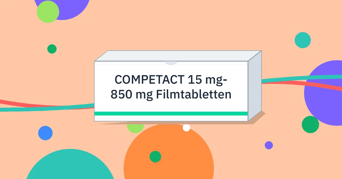 Symbolbild: Packung mit der Aufschrift COMPETACT 15 mg-850 mg Filmtabletten (PZN 09666835) – Verfügbarkeit und Bezug in Apotheken in Frankfurt am Main