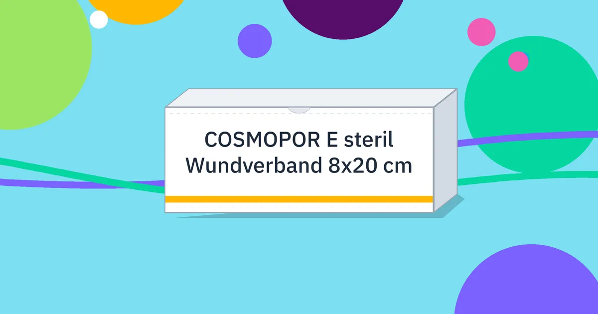 Symbolbild: Packung mit der Aufschrift COSMOPOR E steril Wundverband 8x20 cm (PZN 19261281) – Verfügbarkeit und Bezug in Apotheken in Frankfurt am Main