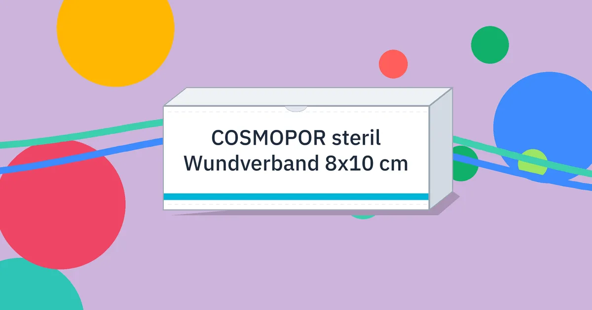 Symbolbild: Packung mit der Aufschrift COSMOPOR steril Wundverband 8x10 cm (PZN 19699600) – Verfügbarkeit und Bezug in Apotheken in Frankfurt am Main