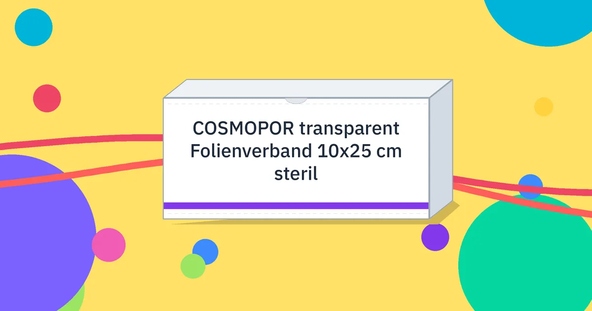 Symbolbild: Packung mit der Aufschrift COSMOPOR transparent Folienverband 10x25 cm steril (PZN 17206243) – Verfügbarkeit und Bezug in Apotheken in Frankfurt am Main