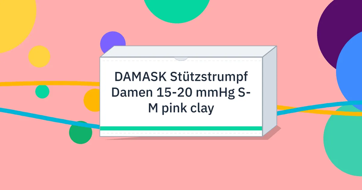 Symbolbild: Packung mit der Aufschrift DAMASK Stützstrumpf Damen 15-20 mmHg S-M pink clay (PZN 20112310) – Verfügbarkeit und Bezug in Apotheken in Frankfurt am Main