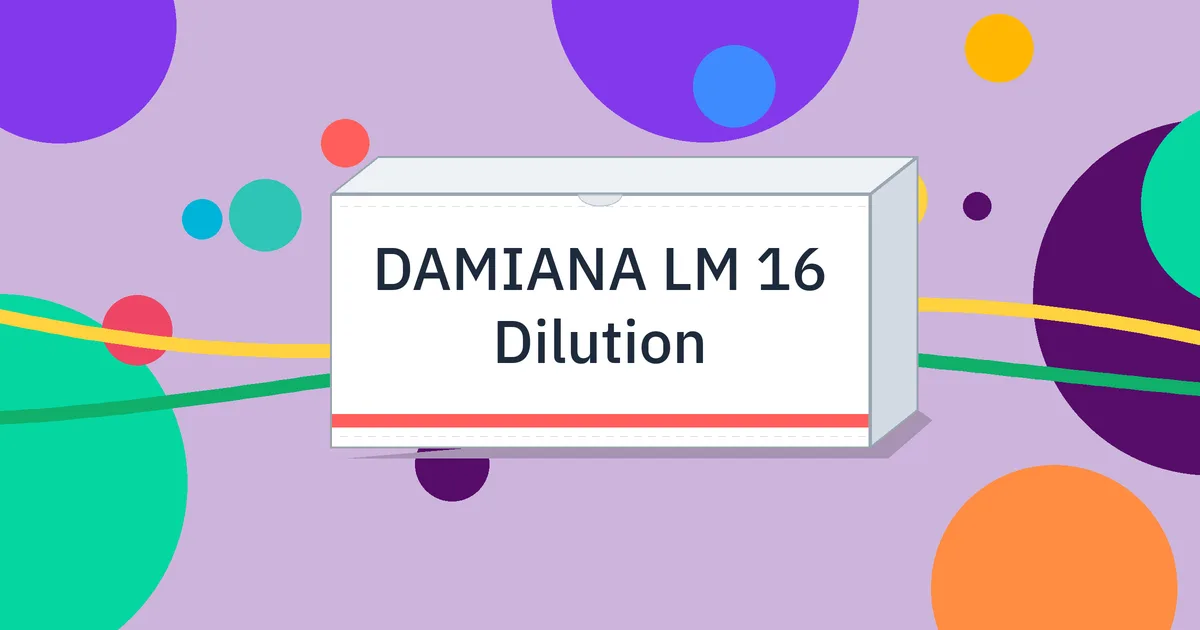 Symbolbild: Packung mit der Aufschrift DAMIANA LM 16 Dilution (PZN 13461062) – Verfügbarkeit und Bezug in Apotheken in Frankfurt am Main