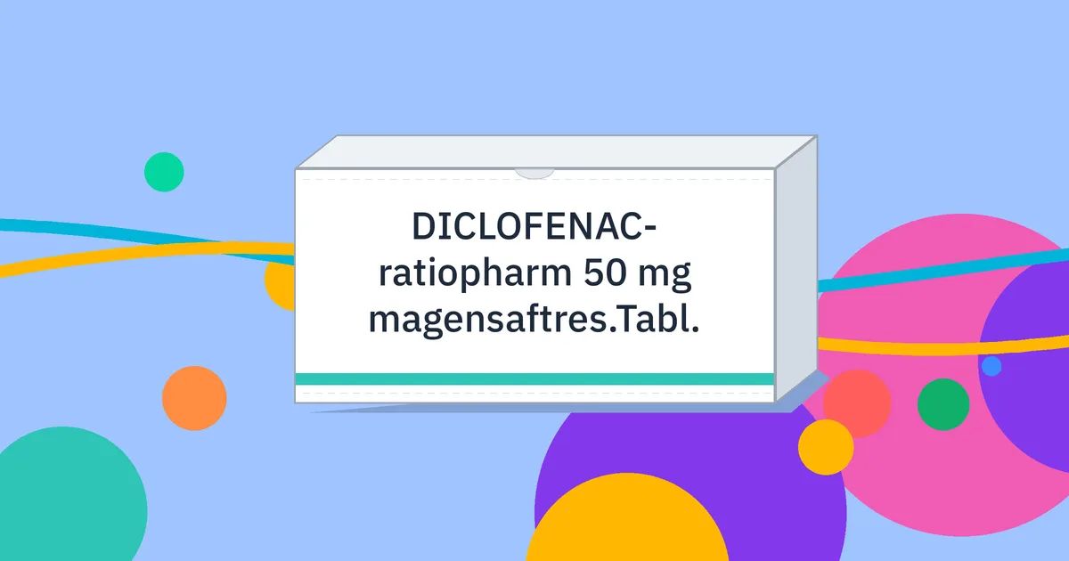 Symbolbild: Packung mit der Aufschrift DICLOFENAC-ratiopharm 50 mg magensaftres.Tabl. (PZN 07198258) – Verfügbarkeit und Bezug in Apotheken in Frankfurt am Main