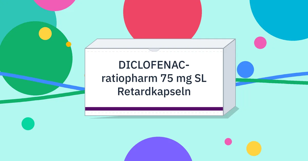 Symbolbild: Packung mit der Aufschrift DICLOFENAC-ratiopharm 75 mg SL Retardkapseln (PZN 07130510) – Verfügbarkeit und Bezug in Apotheken in Frankfurt am Main