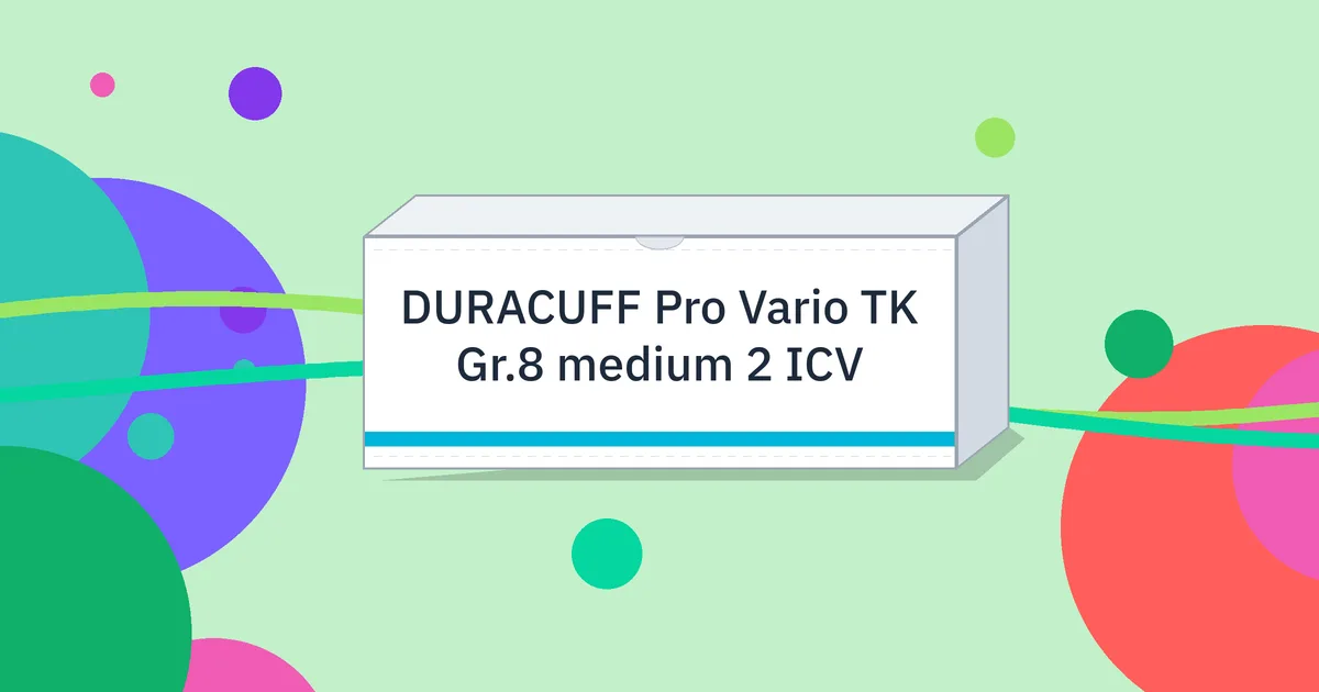 Symbolbild: Packung mit der Aufschrift DURACUFF Pro Vario TK Gr.8 medium 2 ICV (PZN 19245023) – Verfügbarkeit und Bezug in Apotheken in Frankfurt am Main