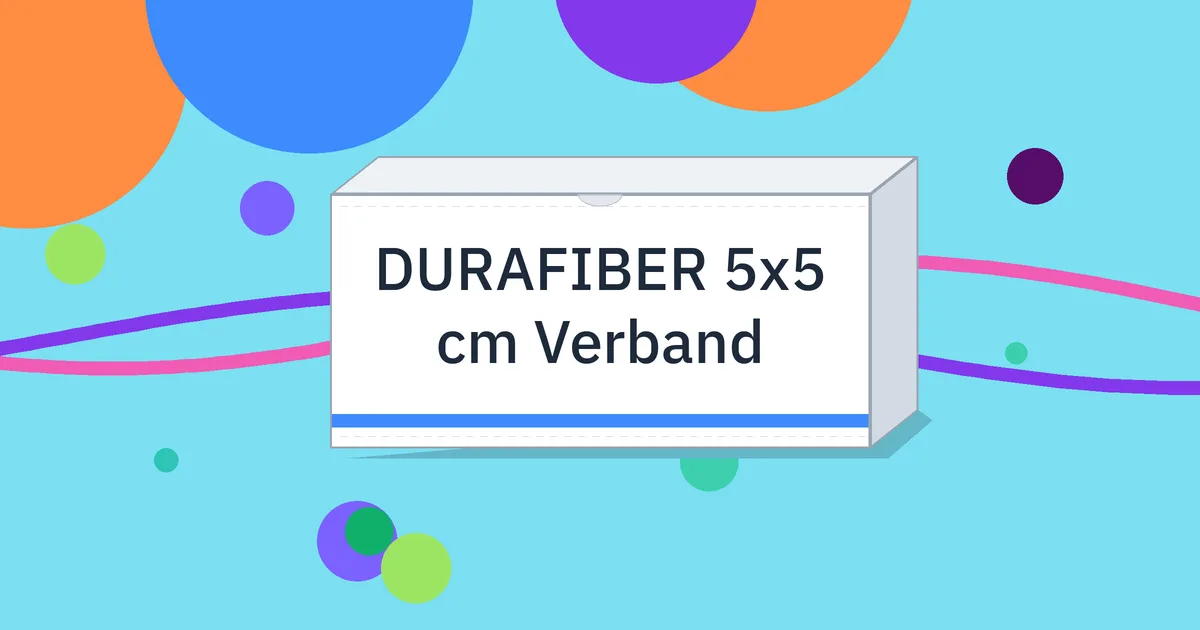Symbolbild: Packung mit der Aufschrift DURAFIBER 5x5 cm Verband (PZN 13347828) – Verfügbarkeit und Bezug in Apotheken in Frankfurt am Main
