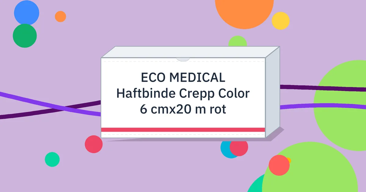 Symbolbild: Packung mit der Aufschrift ECO MEDICAL Haftbinde Crepp Color 6 cmx20 m rot (PZN 01322800) – Verfügbarkeit und Bezug in Apotheken in Frankfurt am Main