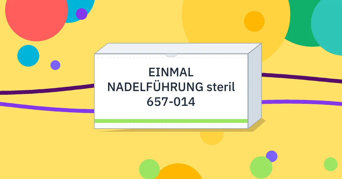 Symbolbild: Packung mit der Aufschrift EINMAL NADELFÜHRUNG steril 657-014 (PZN 15865042) – Verfügbarkeit und Bezug in Apotheken in Frankfurt am Main