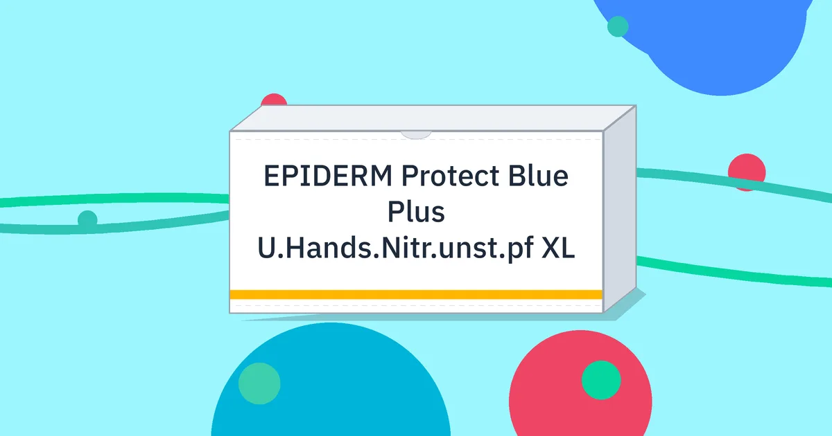 Symbolbild: Packung mit der Aufschrift EPIDERM Protect Blue Plus U.Hands.Nitr.unst.pf XL (PZN 17896578) – Verfügbarkeit und Bezug in Apotheken in Frankfurt am Main