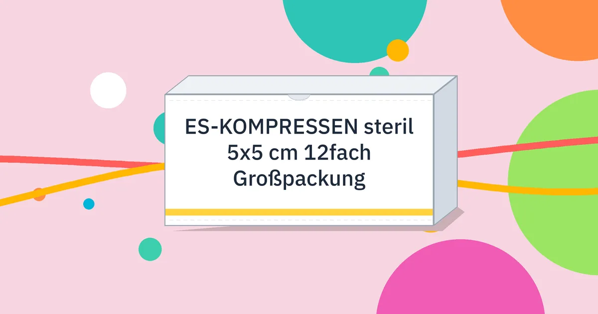 Symbolbild: Packung mit der Aufschrift ES-KOMPRESSEN steril 5x5 cm 12fach Großpackung (PZN 06453783) – Verfügbarkeit und Bezug in Apotheken in Frankfurt am Main